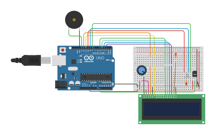 Circuit design LCD RGB BUZZER TEMP | Tinkercad