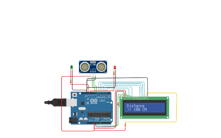 Circuit design ultrasonic distance sensor with led and lcd - Tinkercad