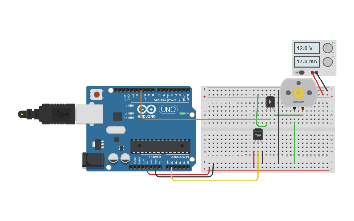 Circuit design Control DC Motor con sensor de temperatura - Tinkercad