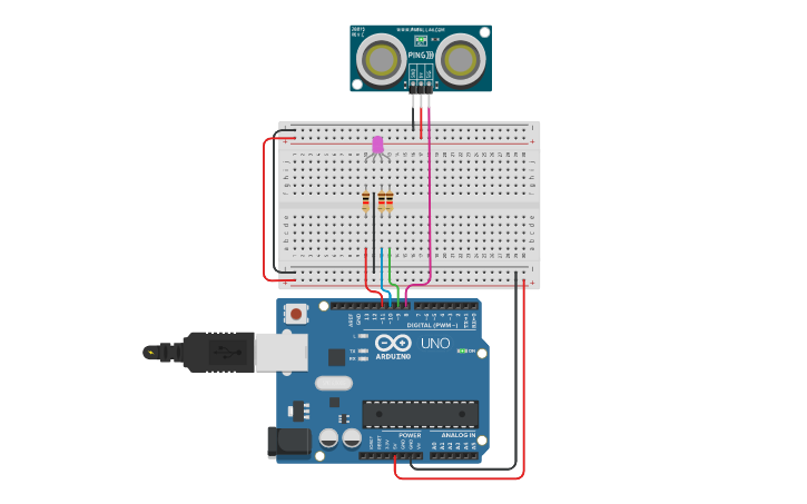 Circuit design Ultrasonic Sensor and RGB LED - Tinkercad