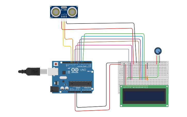 Circuit design Distance Measuring with LCD - Tinkercad