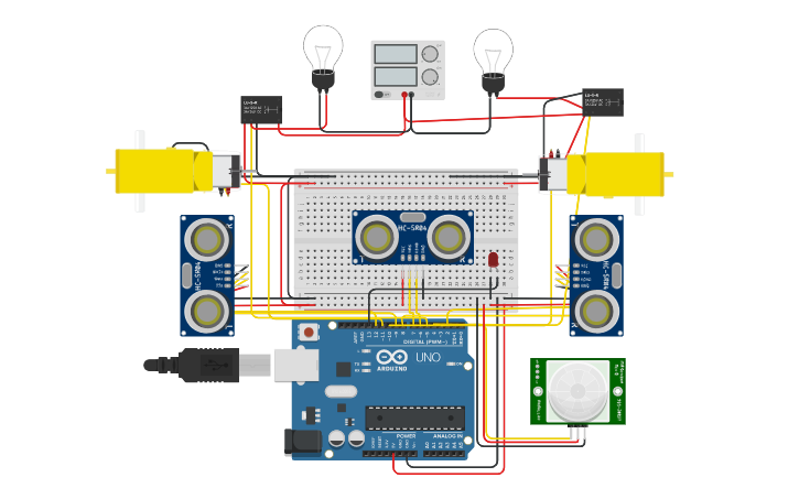 Circuit design 3 Ultrasonic Distance Sensor 2 Motor - Tinkercad