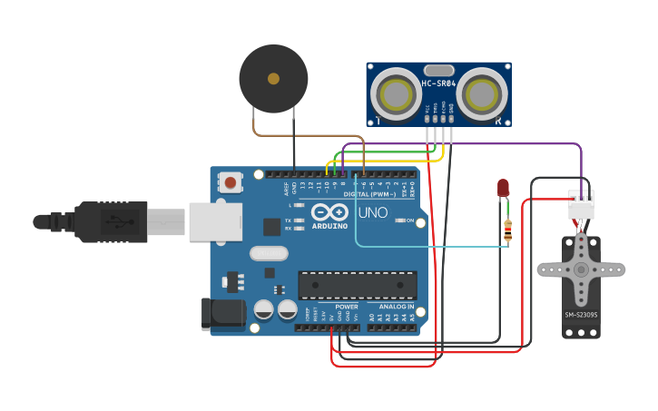 Circuit design Ultrasonic + LED + Servo + Buzzer - Tinkercad Circuit design Ultrasonic + LED + Servo + Buzzer - Tinkercad
