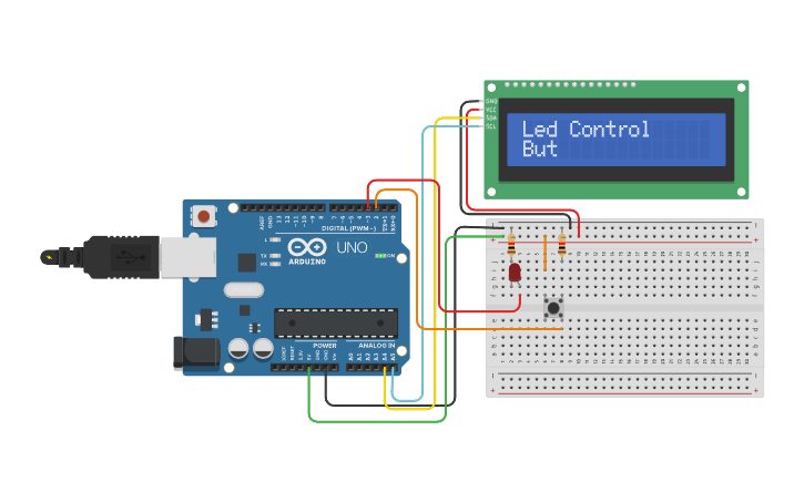 Circuit design (GROUP 4 STEM 15) - LCD I2C Push button and LED - Tinkercad