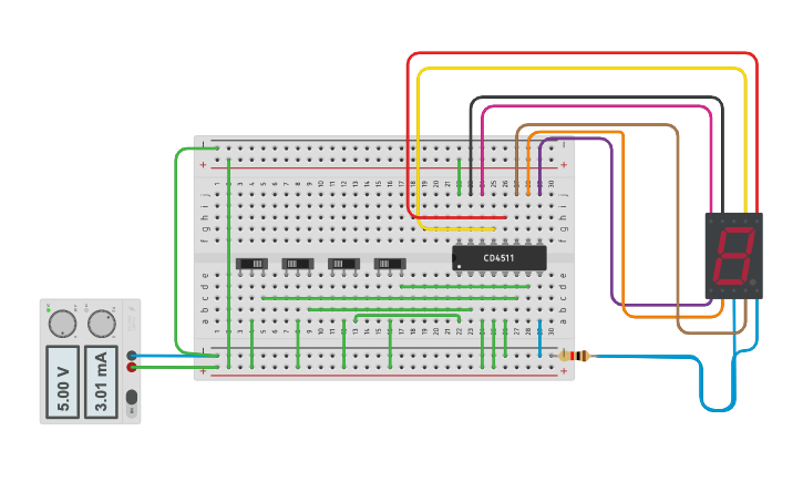 Circuit design 7 segment with decoder - Tinkercad
