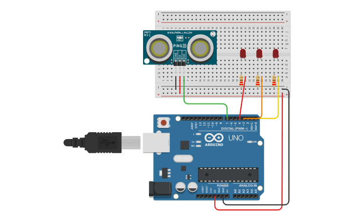 Circuit design Simple Ultrasonic Distance Sensor - Tinkercad