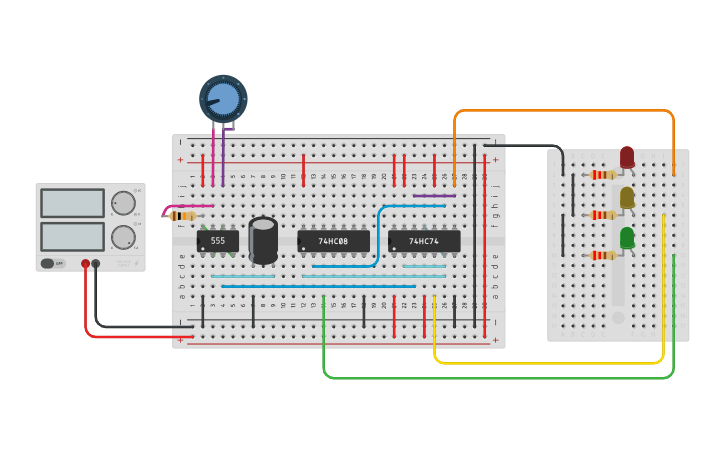 Circuit design Traffic Light using Flip-Flop and 555 Timer IC - Tinkercad