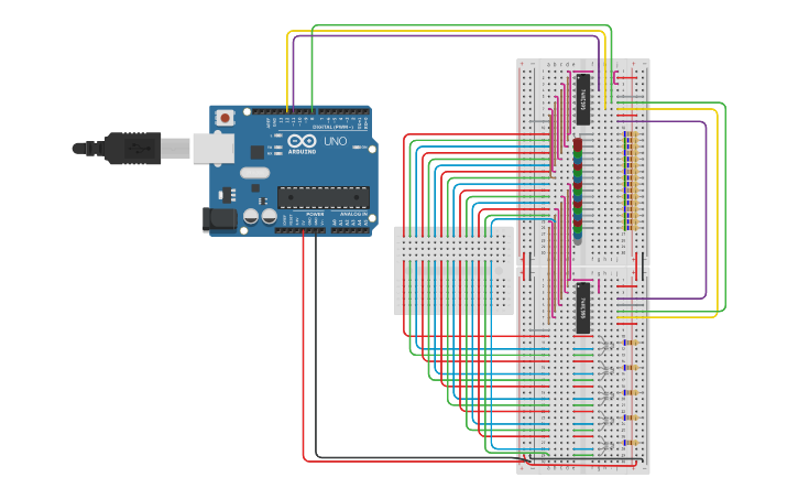 Circuit design RGB Leds managed via 74hc595 - Tinkercad