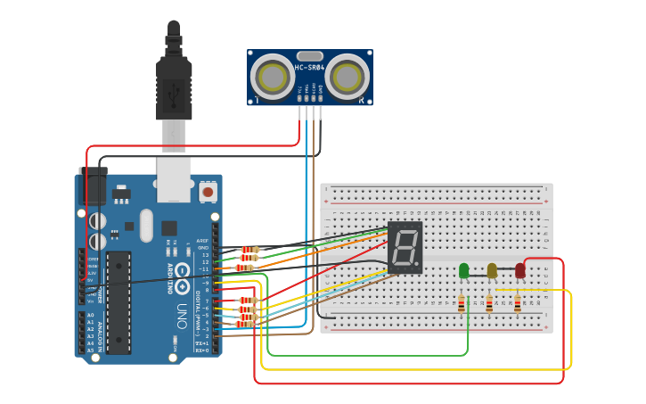 Circuit design Sensor ultrasonico y leds - Tinkercad