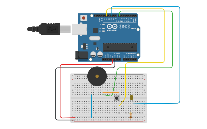 Circuit design Buzzer with LED with Control Button - Tinkercad