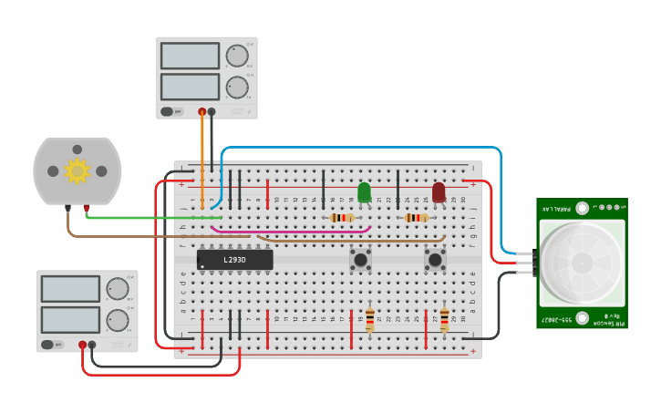 Circuit design Sensor PIR con motor de CC - Tinkercad