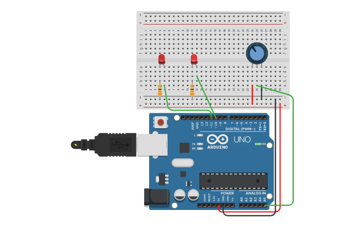 Circuit design Potentiometer with 2 leds - Tinkercad