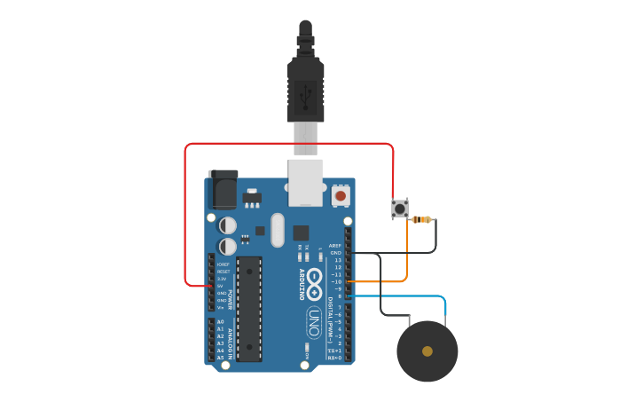 Circuit design Buzzer with push button - Tinkercad
