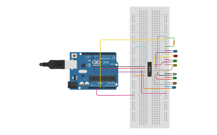 Circuit design Registro de desplazamiento Hc74595. Santiago - Tinkercad