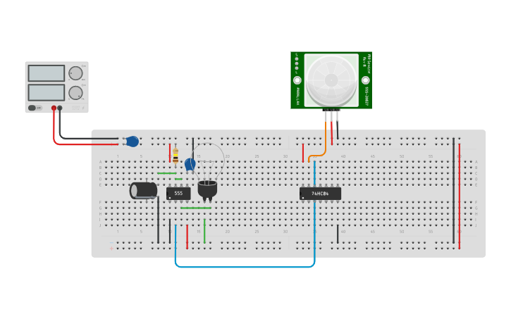 Circuit design L24 PIR sensor and NE555 based Burglar alarm - Tinkercad