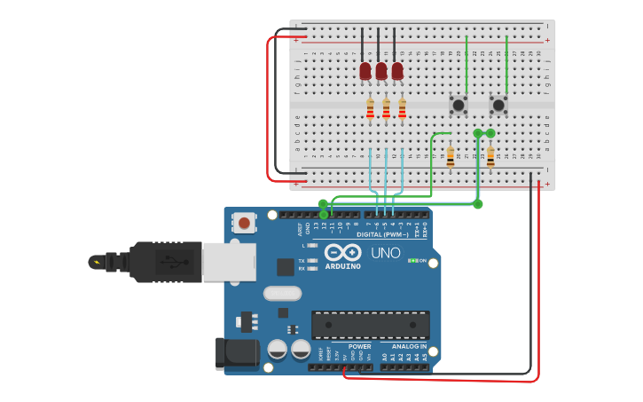 Circuit design DOS PULSADORES 3 leds | Tinkercad