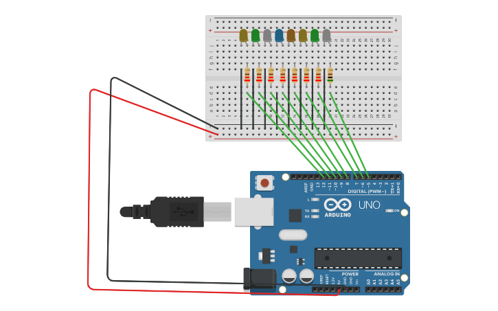 Circuit design secuencias de led | Tinkercad