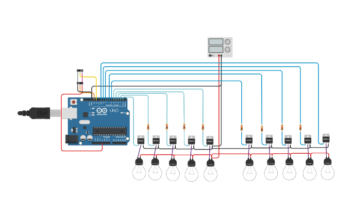 Circuit design juego de luces con 4 efectos seleccionables | Tinkercad