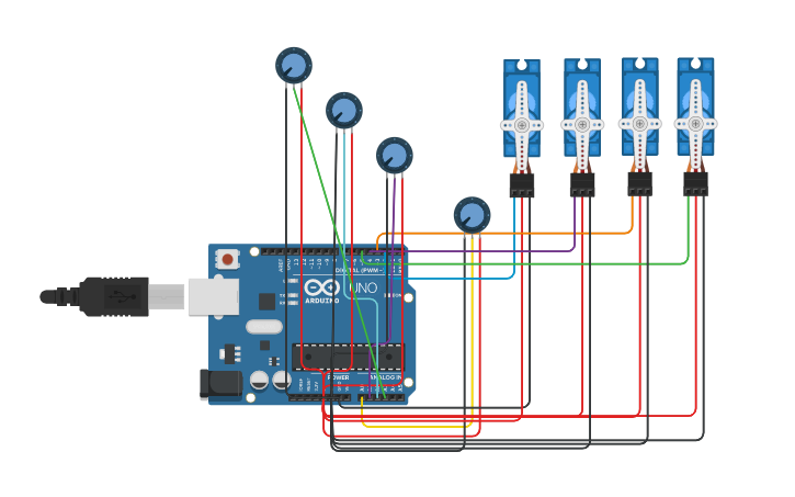 Circuit design Micro servos múltiplos | Tinkercad