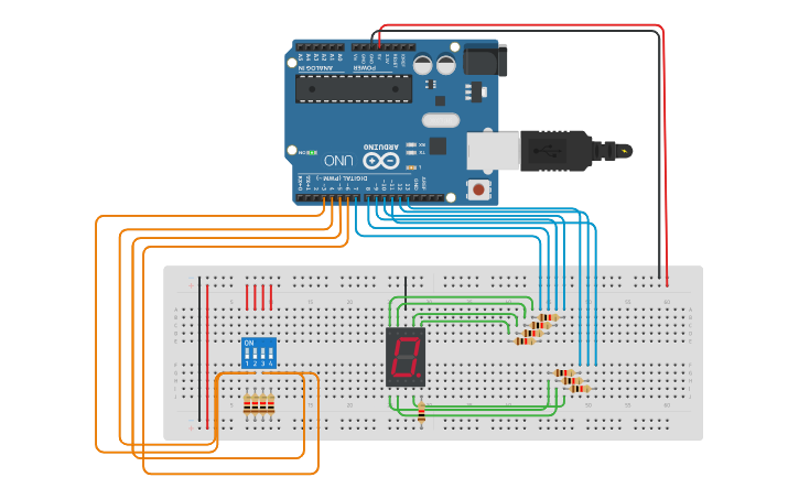 Circuit design Display led de 7 segmentos y dip swich - Tinkercad