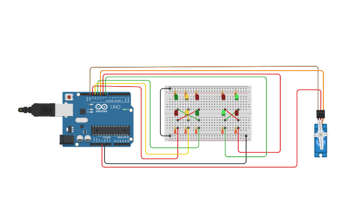 Circuit design semáforo con barrera - Tinkercad