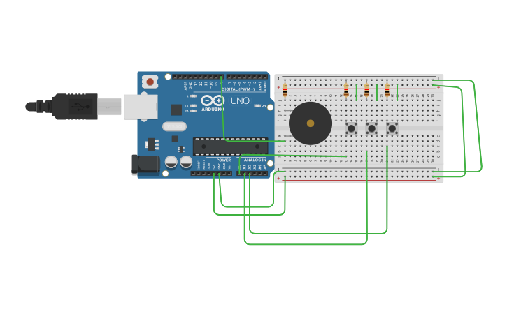 Circuit design Practica 5 buzzer con botones Edison | Tinkercad