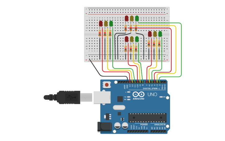 Circuit design 4WAY TRAFFIC LIGHT - Tinkercad