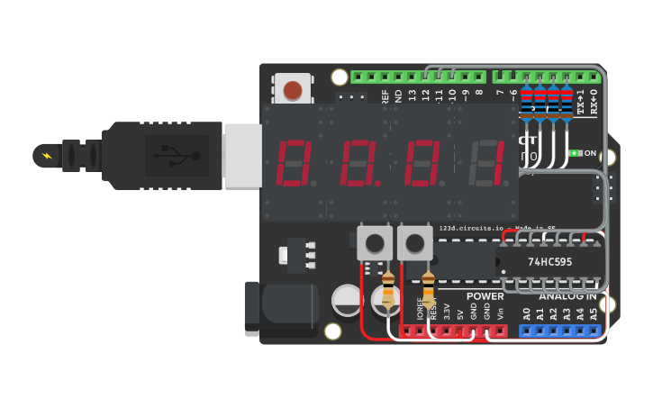 Circuit design DISPLAY 7 SEGMENT + 74HC595 - Tinkercad