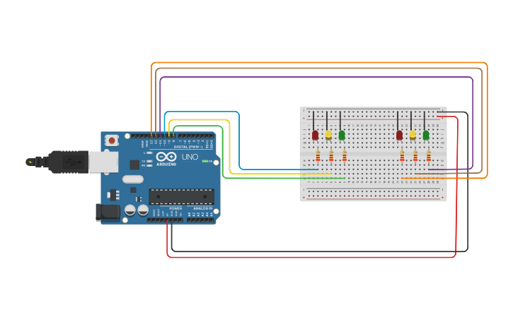 Circuit design Two way traffic lights - Tinkercad Circuit design Two way traffic lights - Tinkercad