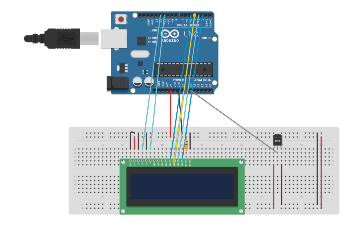 Circuit design termisistor con LCD - Tinkercad