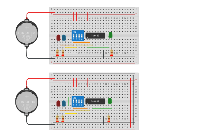 Circuit design Compuertas NAND, NOR (2 entradas) - Tinkercad