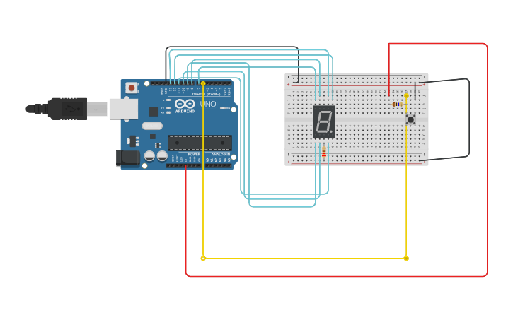 Circuit design 7 Segment Display With Button - Tinkercad
