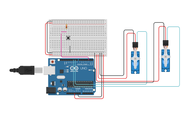 Circuit design 2 Servos Controlled By Button - Tinkercad