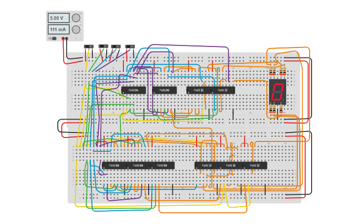 Circuit design Decodificador BCD 8421 - Display de 7 segmentos (cátodo comum) - Tinkercad