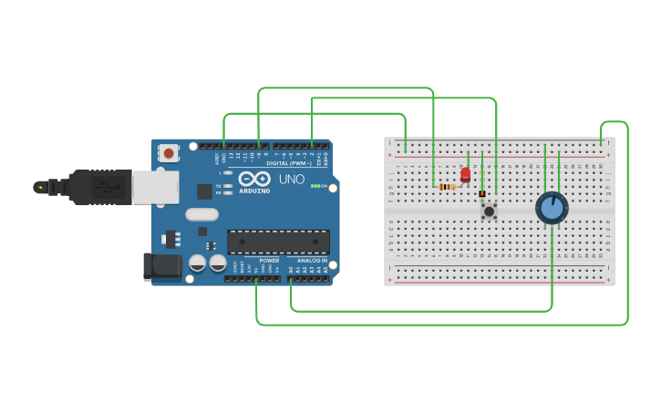 Circuit design LED brightness control using potentiometer and pushbutton - Tinkercad