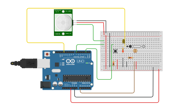 Circuit design (Eleve) Eclairage automatique et bouton poussoir | Tinkercad