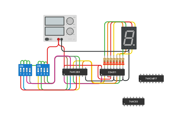 Circuit design ADDER 74HC283 with 7Seg - Tinkercad