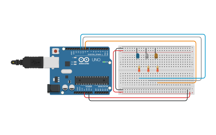 Circuit design Sequência de 3 LEDs | Tinkercad