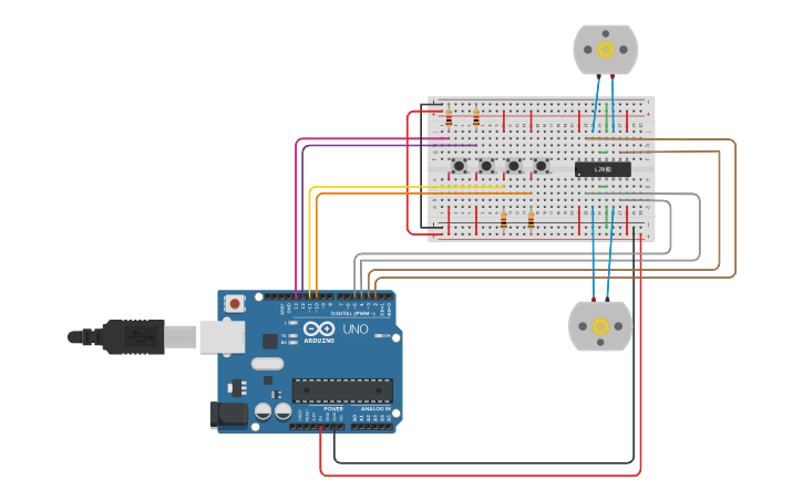 Circuit design Control de motores con pulsadores - Tinkercad Circuit design Control de motores con pulsadores - Tinkercad