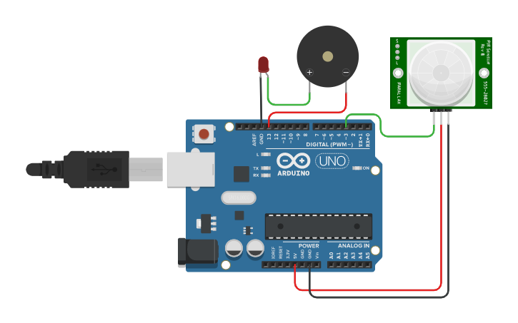 Circuit design PIR SENSOR WITH BUZZER and LED - Tinkercad