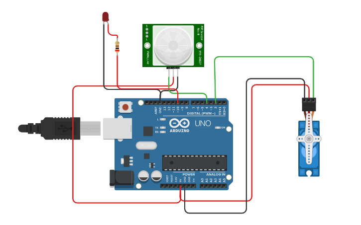 Circuit Design Servo With Pir And Led Tinkercad