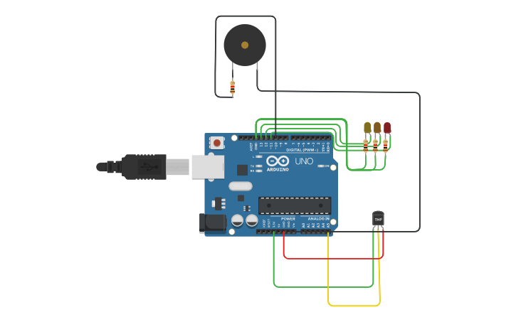 Circuit design PIEZO BUZZER TEMP SENSOR - Tinkercad
