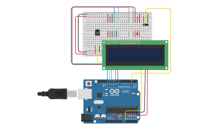 Circuit design Temperature Sensor to LCD - Tinkercad