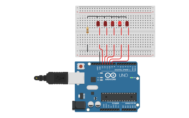 Circuit design Leds en Ciclo For - Tinkercad