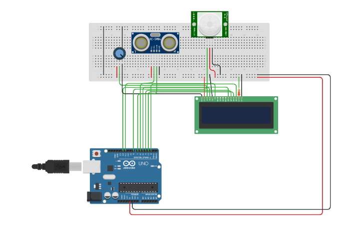 Circuit design lcd, ultra and pir | Tinkercad