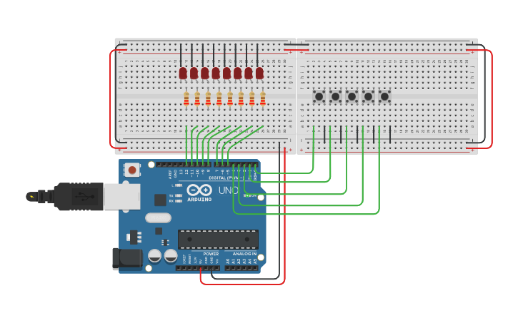 Circuit design LED Light Sequence with select button - Tinkercad