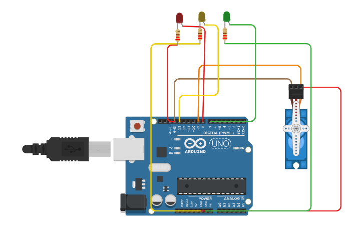 Circuit design Arduino con Servomotor y Semaforo - Tinkercad
