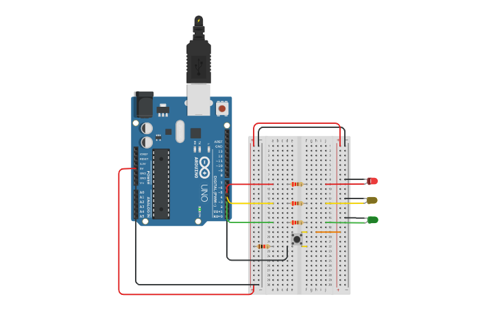 Circuit design traffic light with pushbutton - Tinkercad