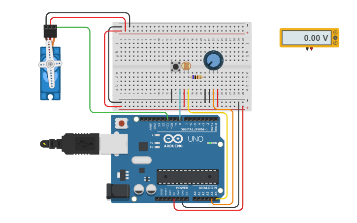 Circuit design servo motor - POT & LDR - Tinkercad