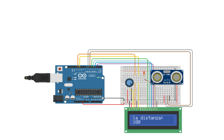 Circuit design LCD con valore distanza con sensore ultrasuoni - Tinkercad